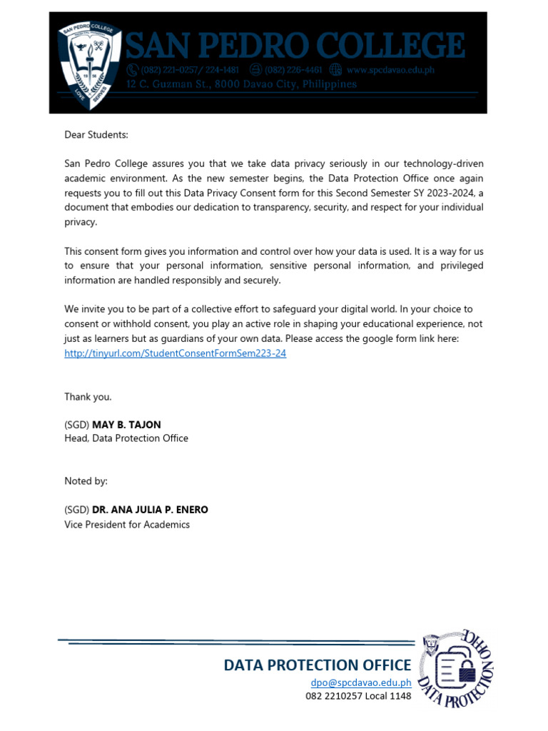 Letter To Students Re Data Privacy Consent Form Second Semester 2023 ...