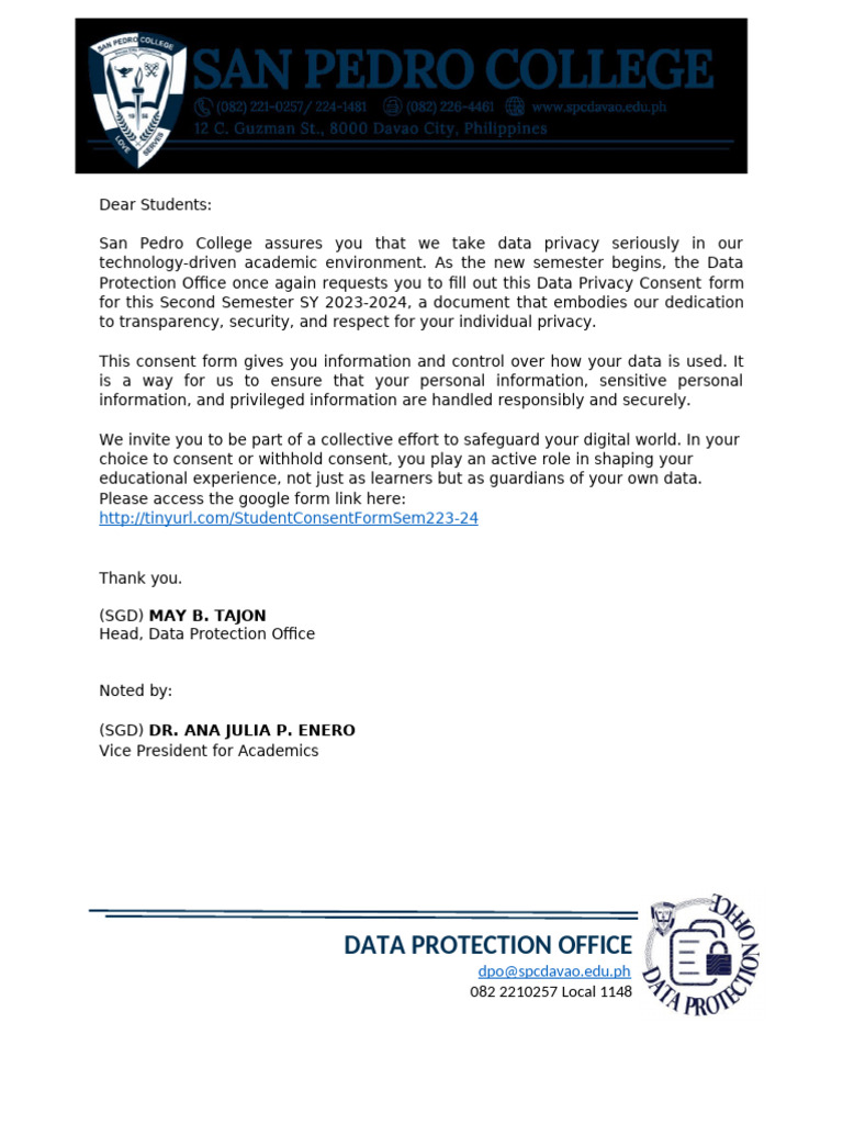Letter To Students Re Data Privacy Consent Form Second Semester 2023 ...