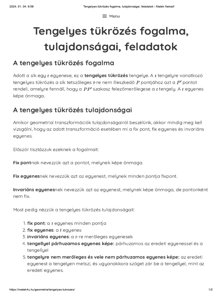 Tengelyes Tükrözés Fogalma, Tulajdonságai, Feladatok - Matek Neked! | PDF