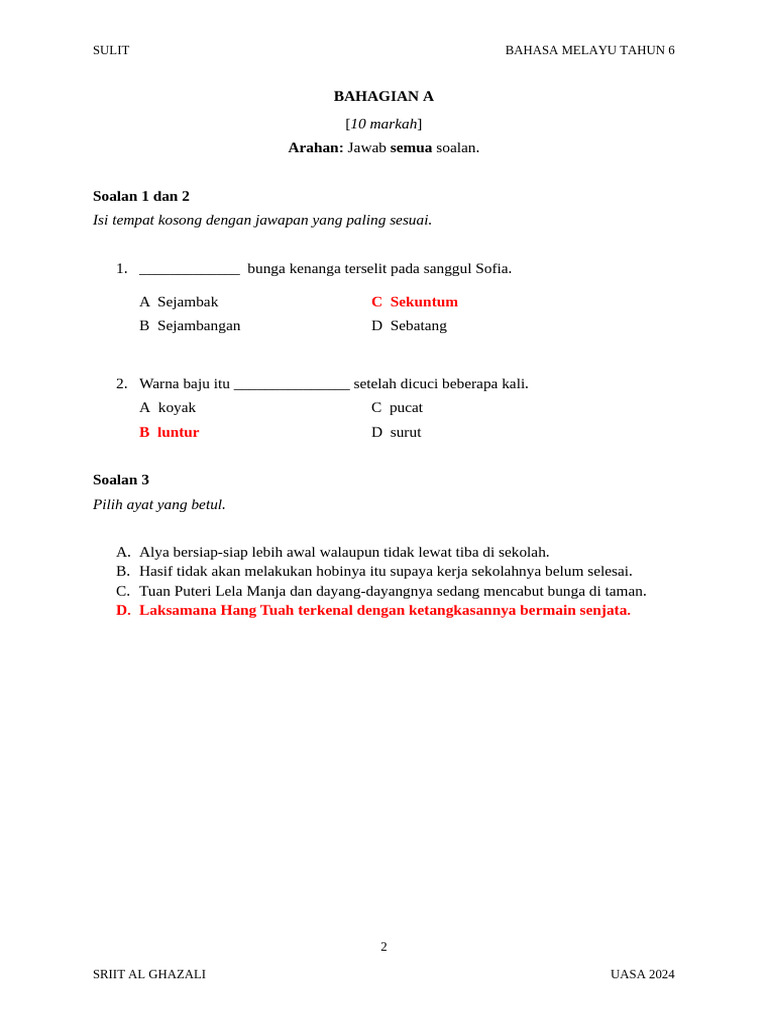 Skema Jawapan Uasa BM T6 | PDF