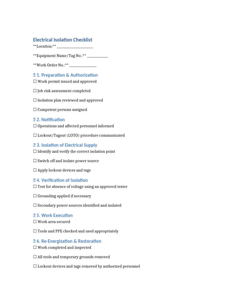 Electrical Isolation Safety Checklist | PDF