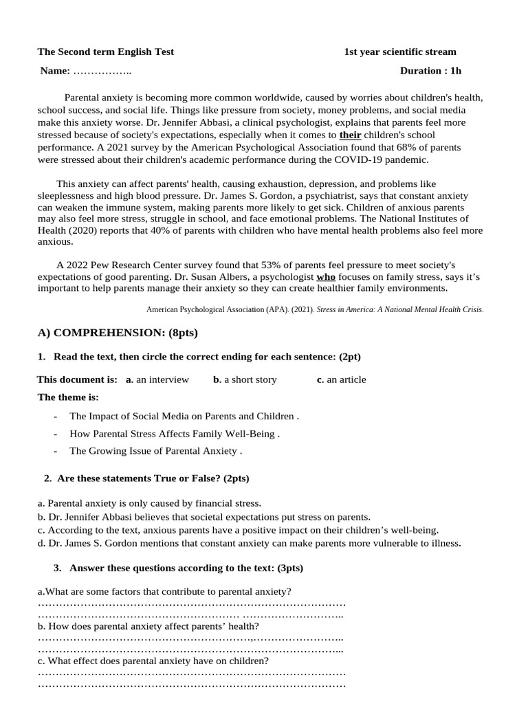 Second Term Exam English Test 1AS Model | PDF | Anxiety | Psychologist