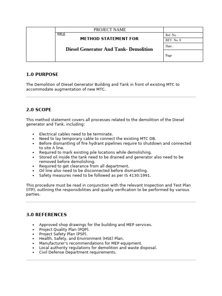 Method Statement For Diesel Generator And Tank Pdf Demolition