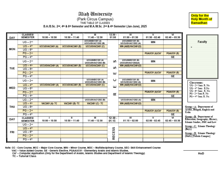 Ramadan - Time Table Common - Jan - June, 2025 - Wef - March 2025 | PDF