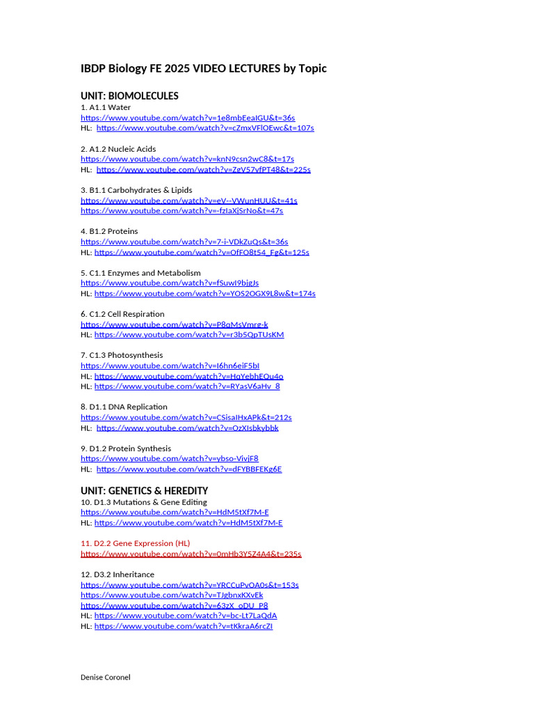 IBDP Biology 2025 Video Lectures | PDF
