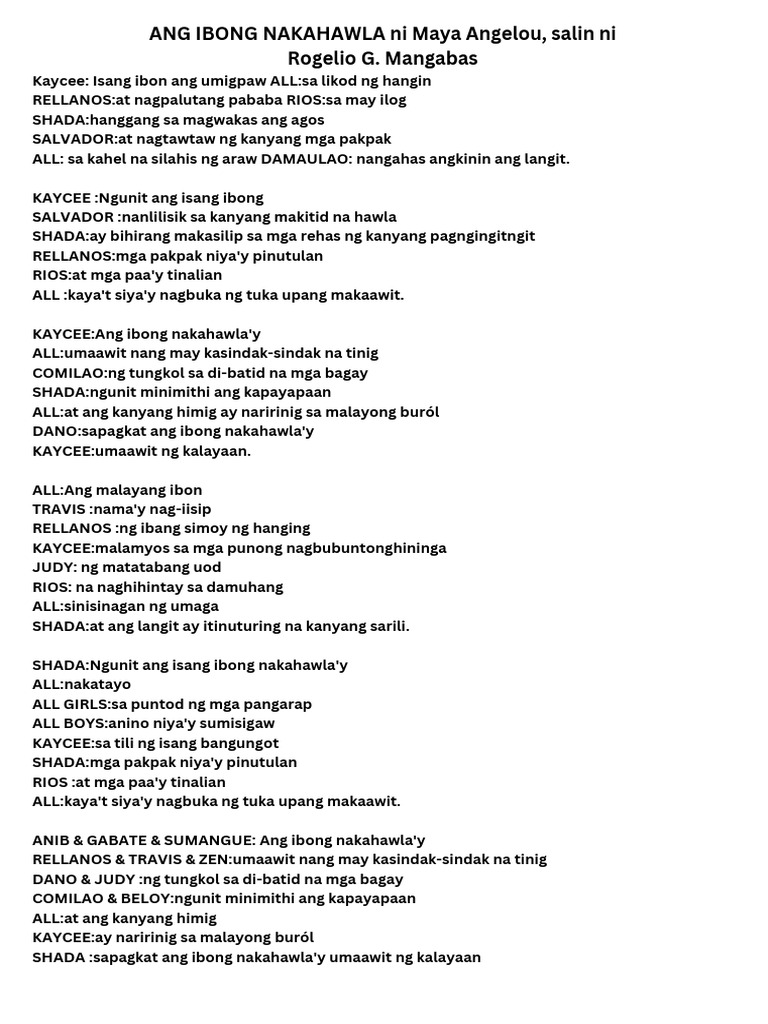 ANG IBONG NAKAHAWLA Ni Maya Angelou, Salin Ni Rogelio G. Mangabas | PDF