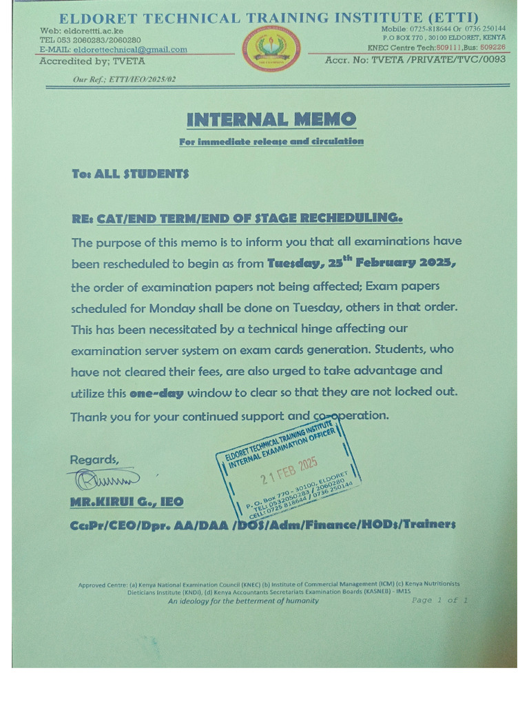 Exam Reschedule MEMO | PDF