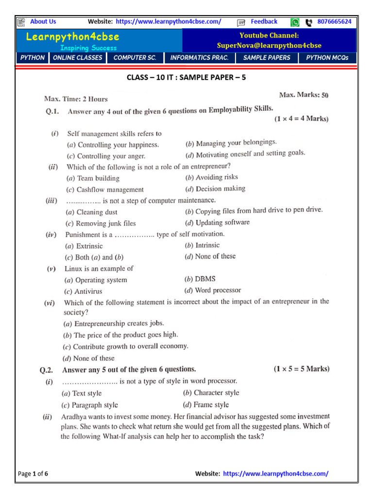 Class 10 IT Sample Paper - 5 | PDF