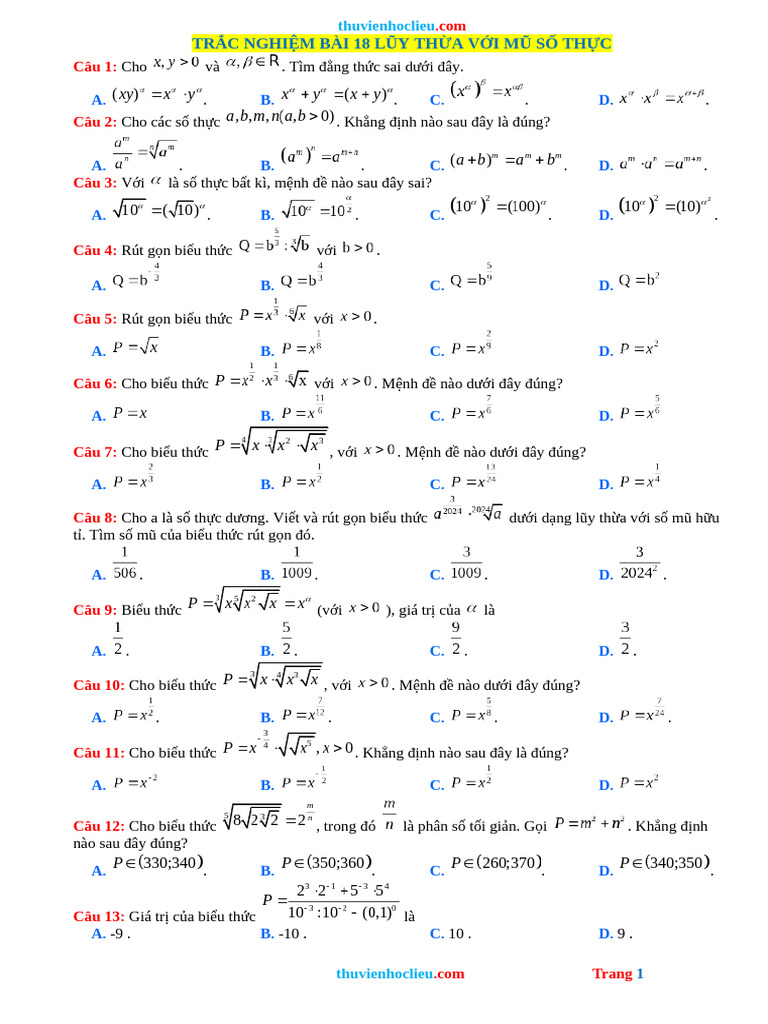 Trac Nghiem Bai 18 Luy Thua Voi Mu So Thuc Hay | PDF