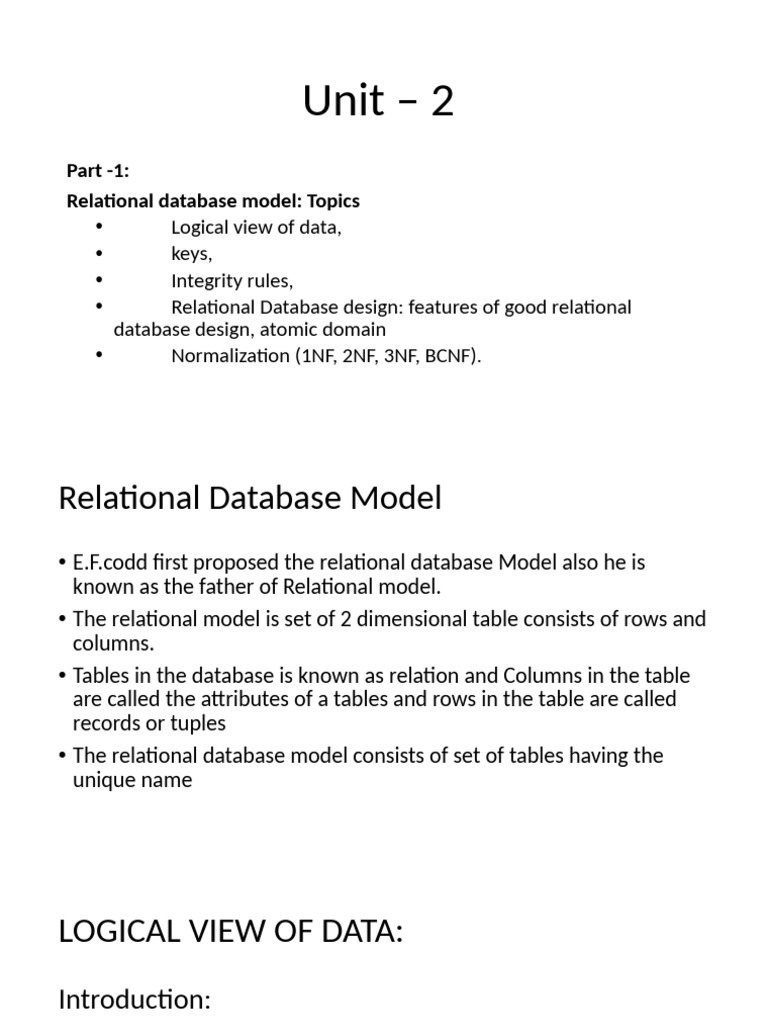 Unit-2 Relational Model & Normalization(1NF 2NF 3NF BCNF) | PDF | Relational Database ...