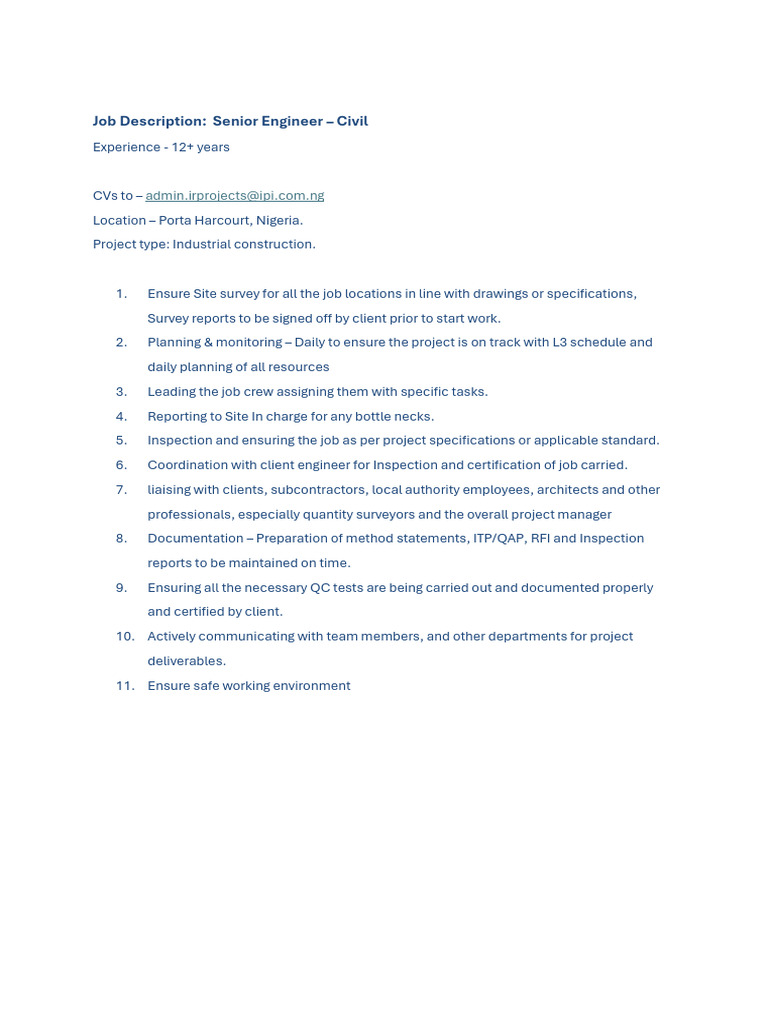 JD- Sr Engineer- Civil | PDF