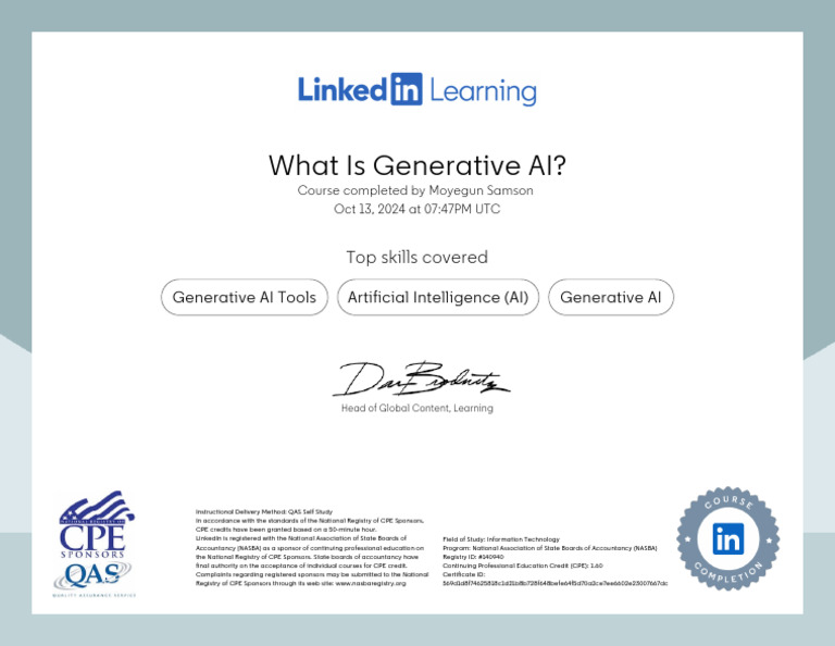 CertificateOfCompletion - What Is Generative AI | PDF