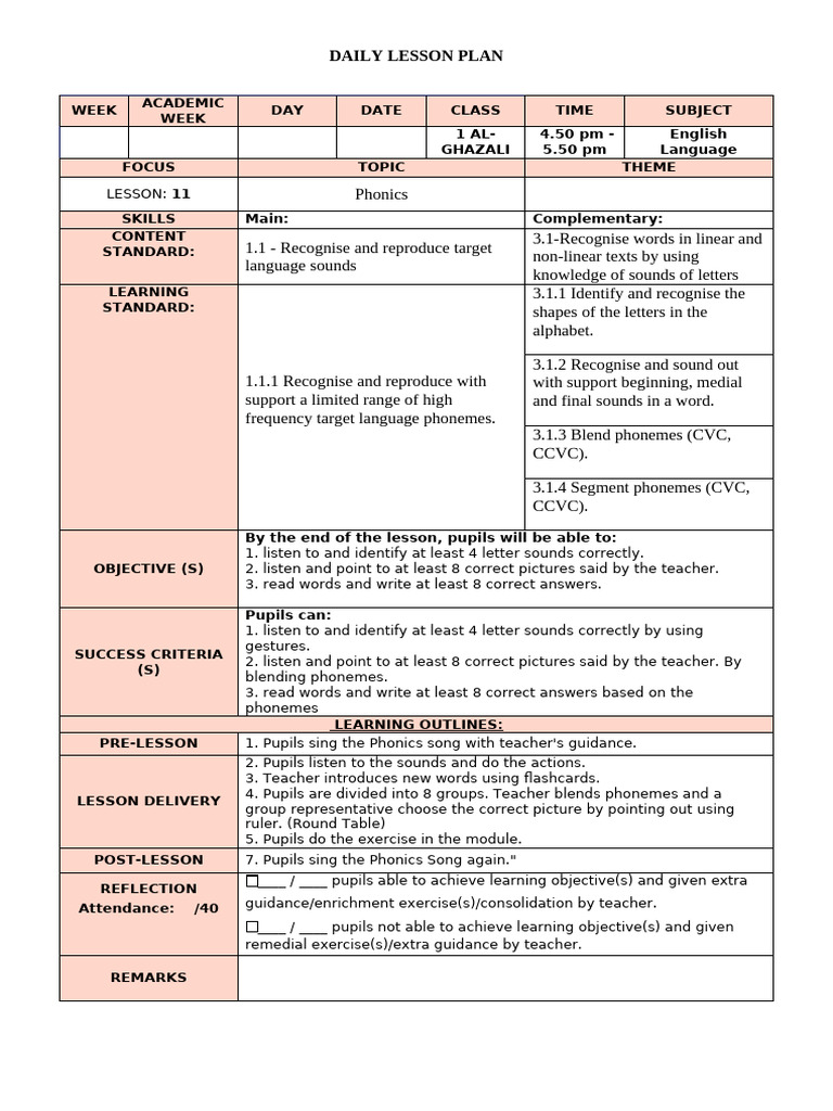 Format Lesson Plan Phonics Year 1 | PDF | Phonics | Behavior Modification
