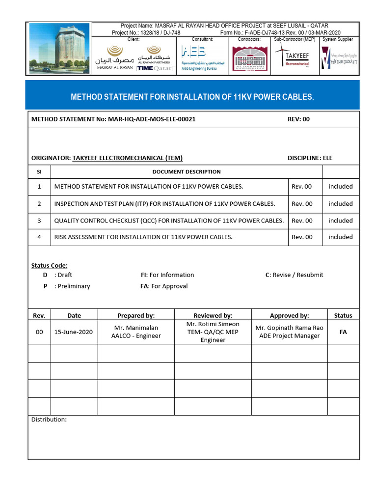 Method Statement (MOS) For Installation of 11kV Power Cable | PDF | Specification (Technical ...