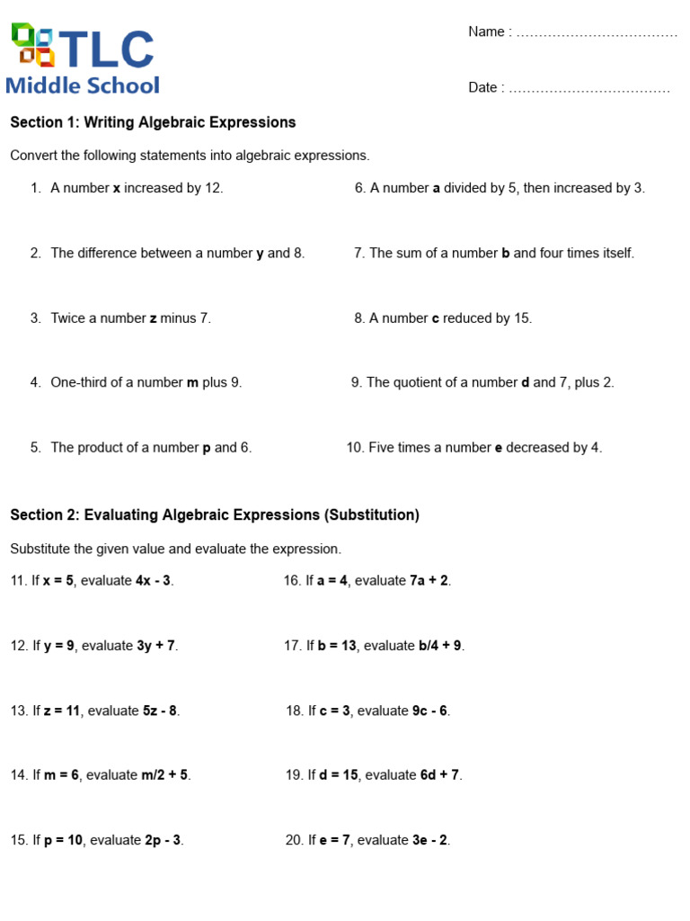 Algebraic Expressions Practice Guide | PDF | Algebra | Mathematics