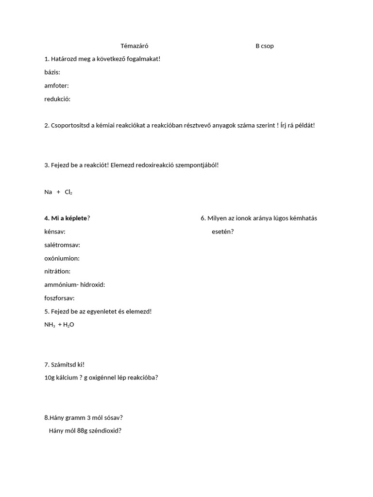 Kémia 8 Oszt Témazáró B Csop | PDF