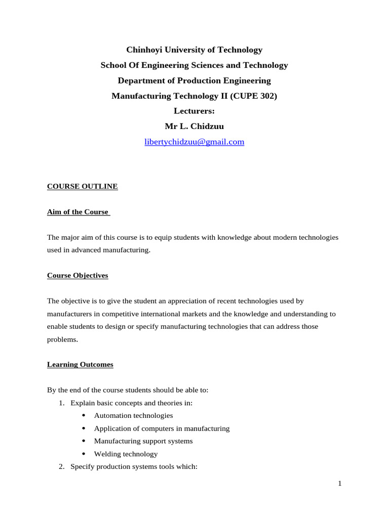 course outline 2024 | PDF | Automation | Numerical Control