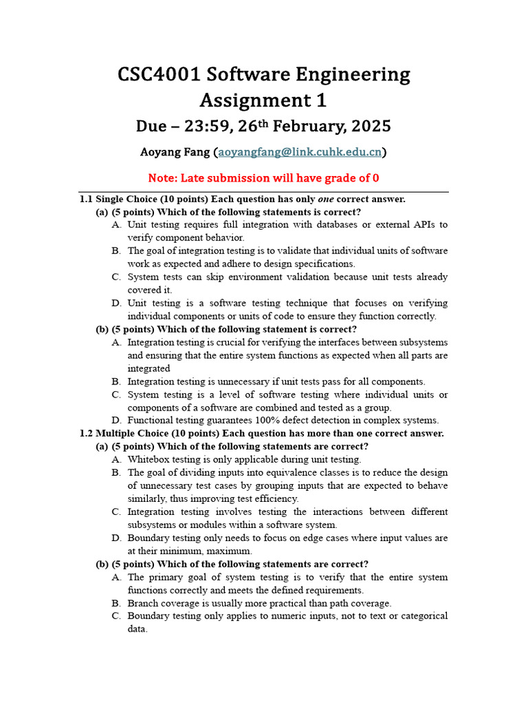 CSC4001 Software Engineering Assignment | PDF | Software Testing | Unit ...
