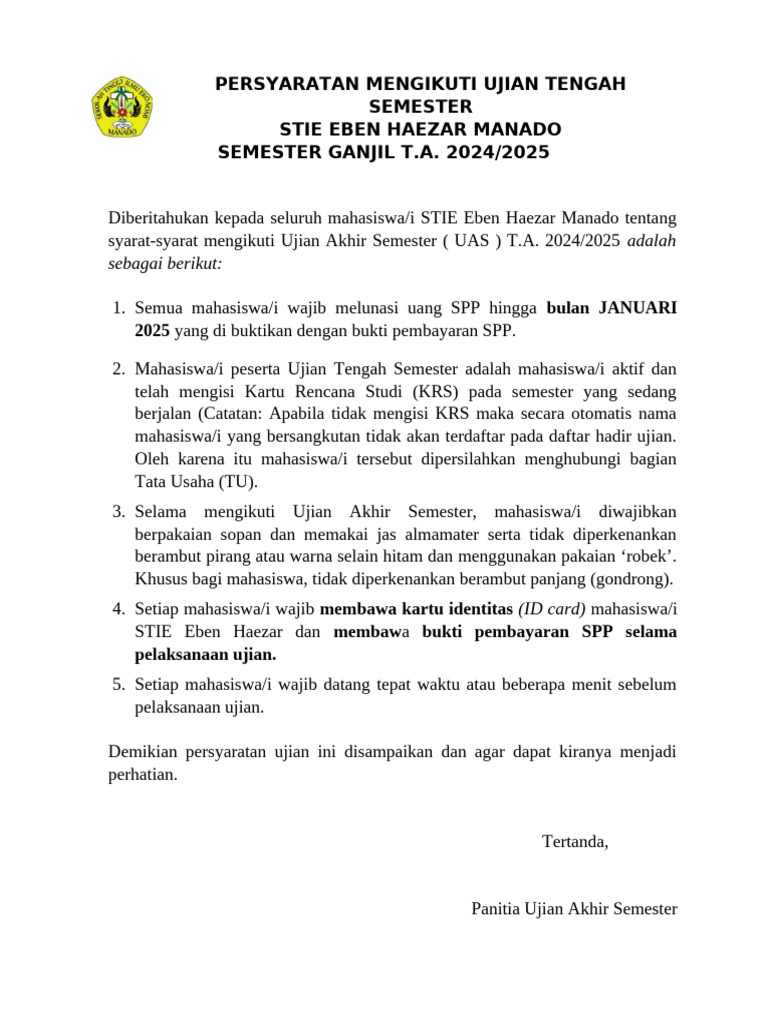 Persyaratan Mengikuti Ujian Tengah Semester Genap Ta. 2023 - 2024 | PDF