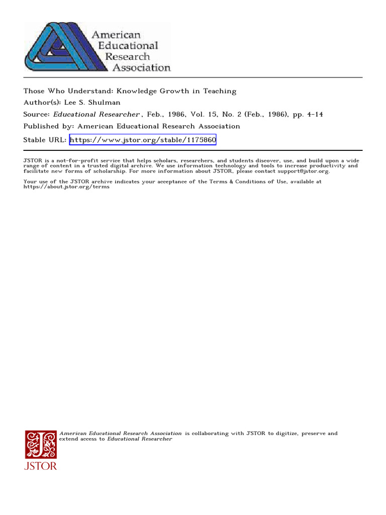 Shulman UnderstandKnowledgeGrowth 1986 | PDF | Teachers | Knowledge