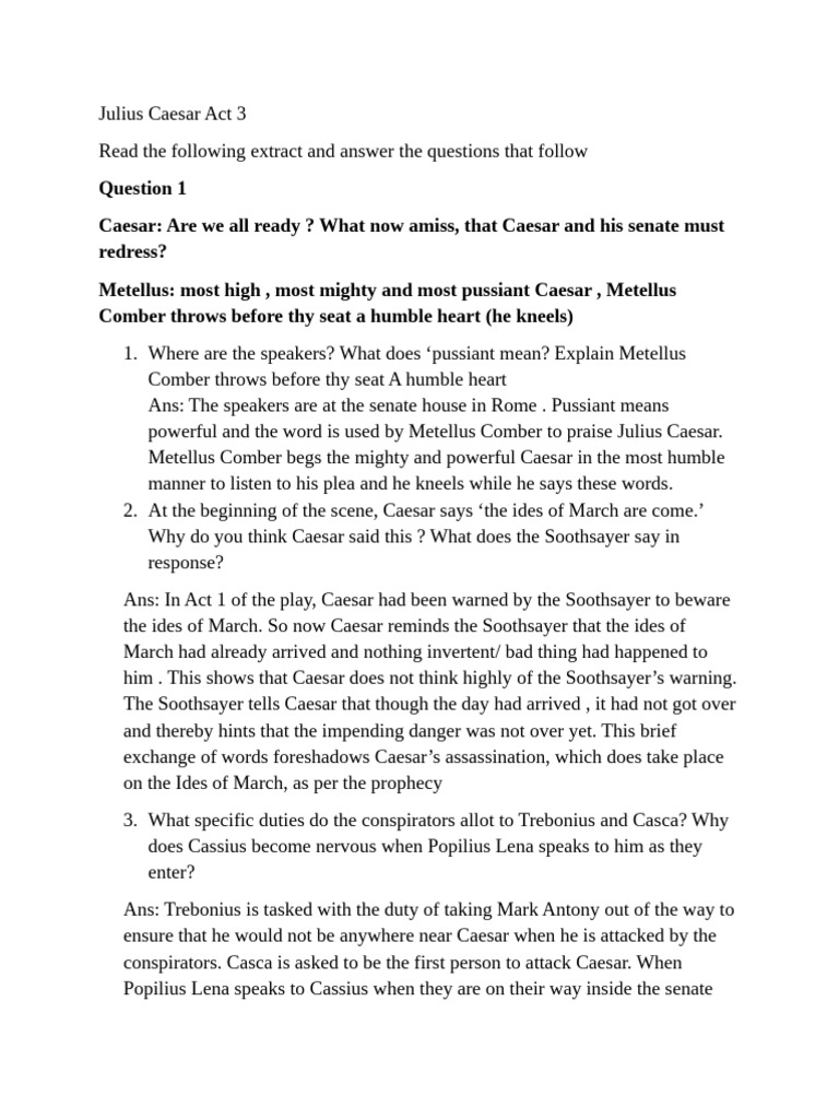 Julius Caesar Act 3 Question and Answers | PDF | Mark Antony | Julius ...