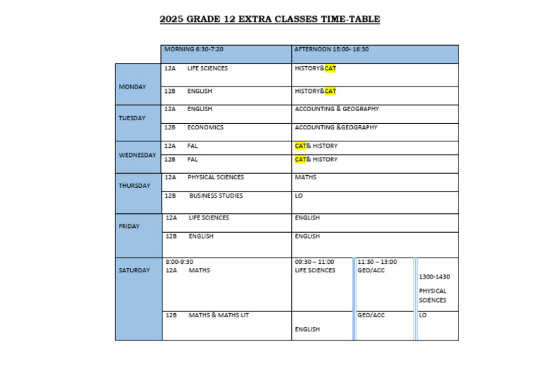GR12 Timetable Extra Lesssons-1 | PDF