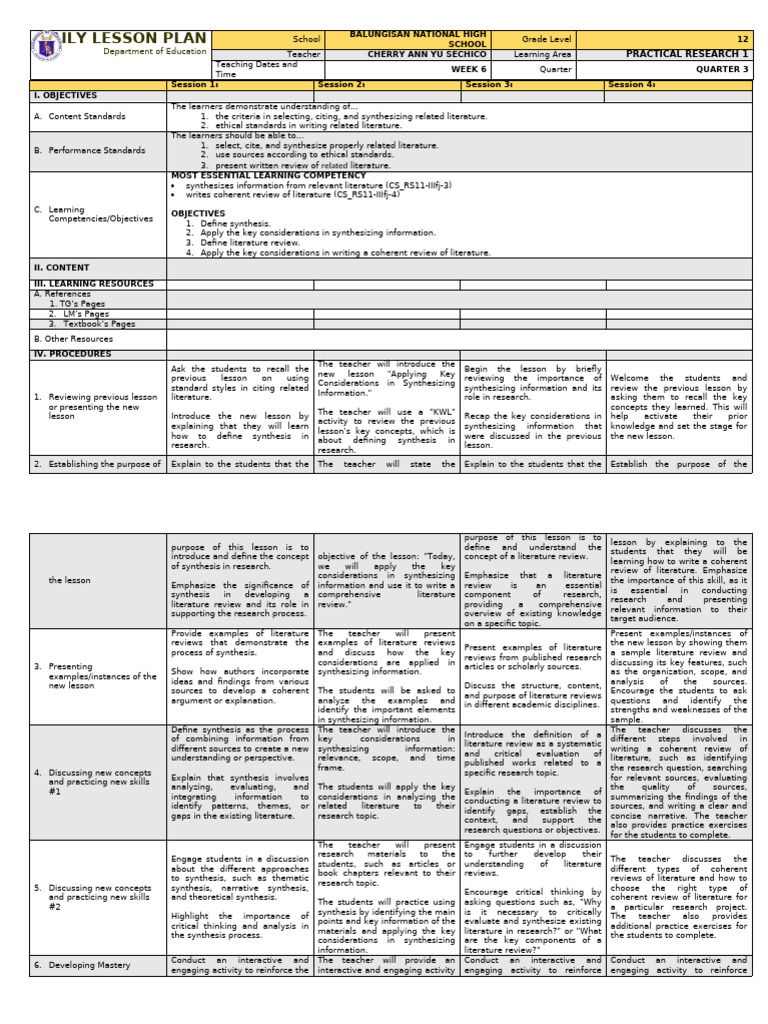 Grade 12 Practical Research Lesson Plan | PDF | Literature Review ...