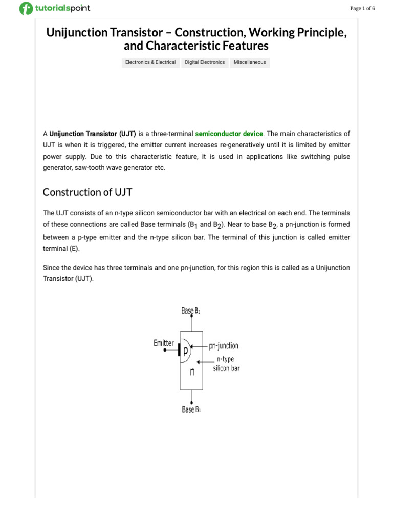 Unijunction Transistor - Construction, Working Principle, and Characteristic Features | PDF | P ...