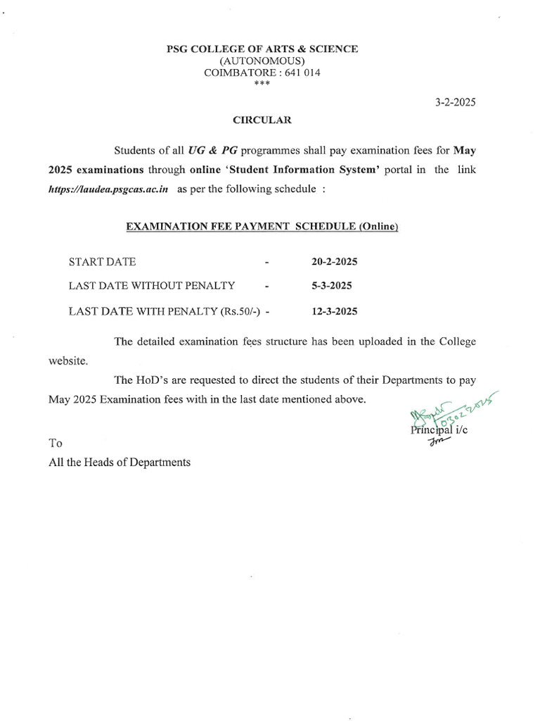 Circular - Exam Fees Collection - May 2025 | PDF
