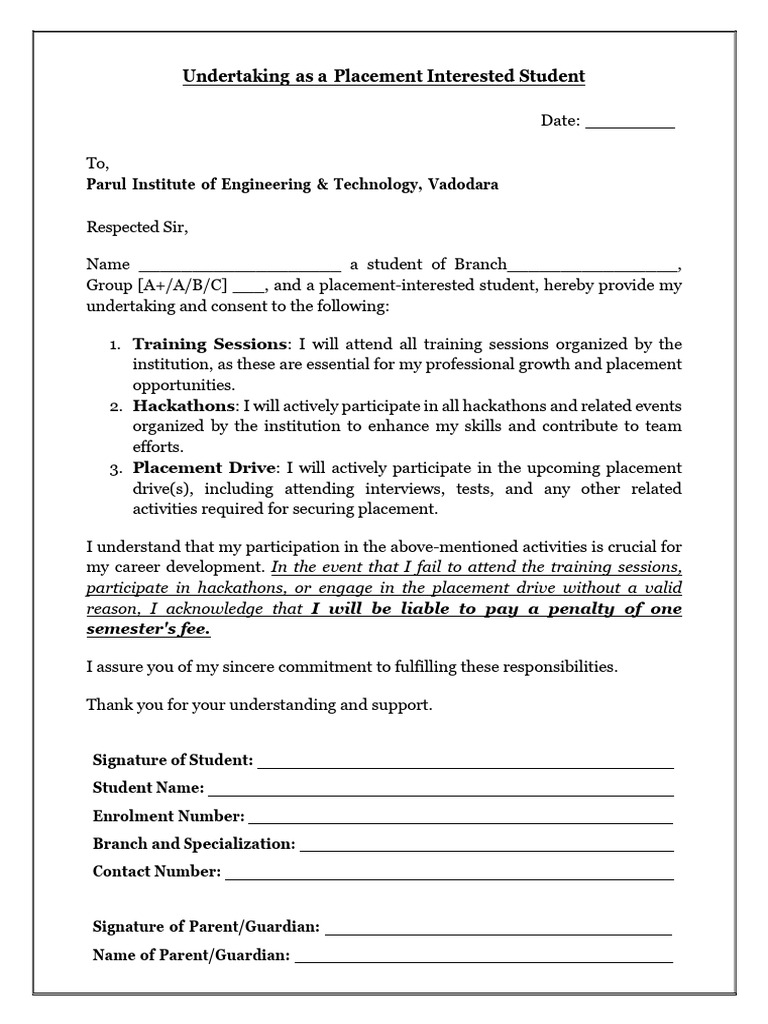 Placement Undertaking for Students | PDF