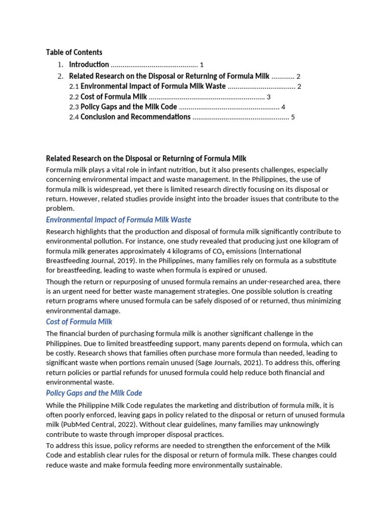 Related Research On The Disposal or Returning of Formula Milk | PDF ...