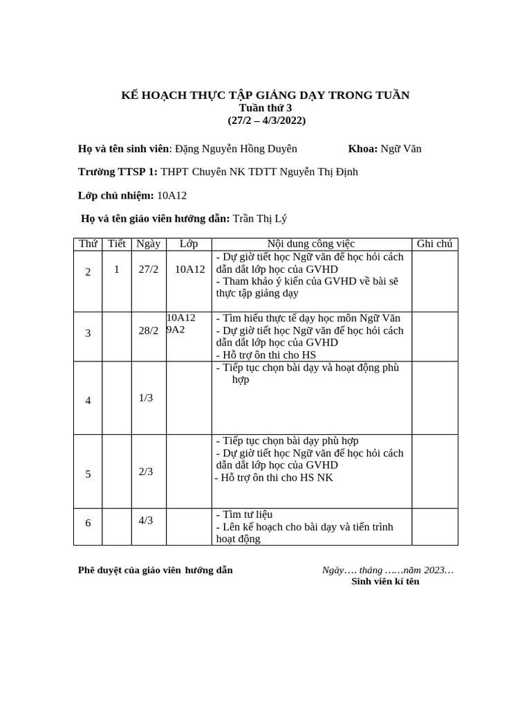 KẾ HOẠCH THỰC TẬP GIẢNG DẠY TRONG TUẦN tuan 3 | PDF