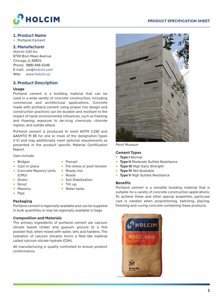 Holcim Portland Cement Spec Sheet Oct2024 | PDF | Concrete | Cement