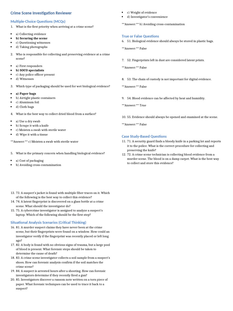Crime Scene Investigation MCQs Guide | PDF | Crime Scene | Forensic Science