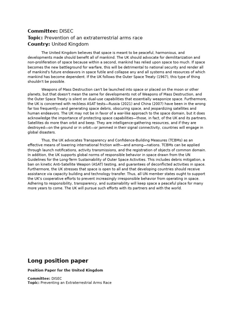 Position paper 2 | PDF | Space Debris | Nuclear Weapons