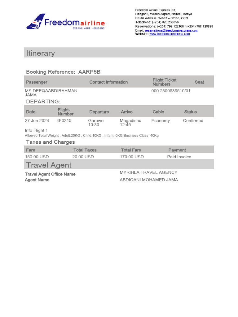 Deeqa Abdirahman Jama Ticket 27jun2024 Booking GGRMGQ | PDF | Airlines ...