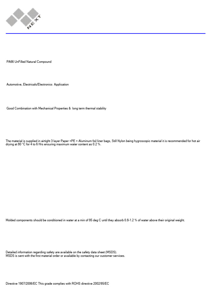 Next Polymers Nylon 66 Unfilled Natural PXH 01nc | PDF | Nylon ...