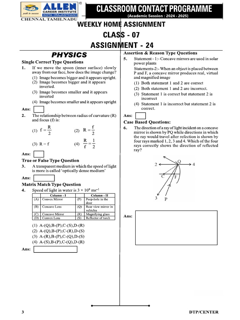 Week-24 - Class-07 - Home Assign - 24-25 - Physics | PDF