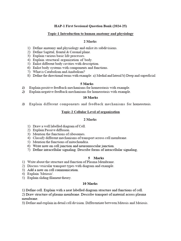 Sessional 1 Question Bank | PDF | Skeleton | Cell Biology