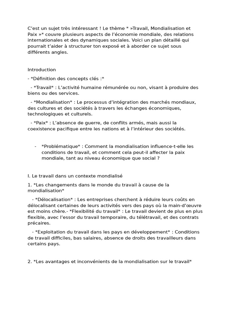 Mondialisation, Travail et Paix : Enjeux clés | PDF | Globalisation ...