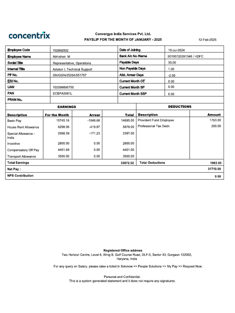 Salary Slip Concentrix | PDF
