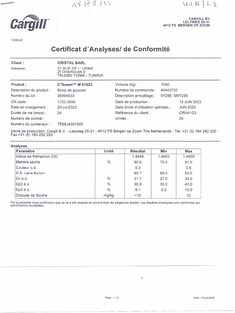 COA GLUCOSE SYRUP 01623 CARGILL 35494533 | PDF