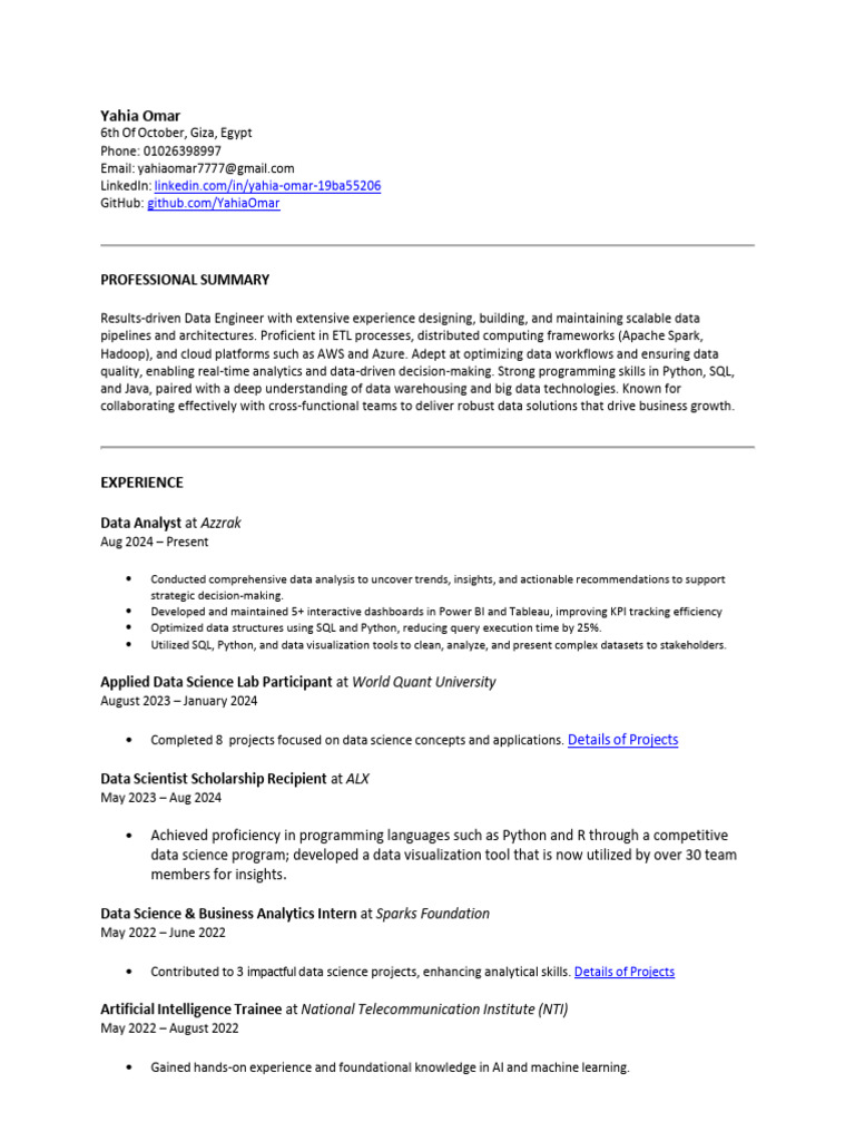 Yahia Omar Data Engineering CV | PDF | Data Science | Data