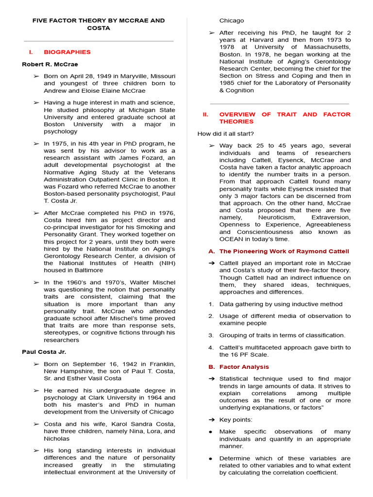 Lesson 11 - Five Factor Theory by McCrae and Costa | PDF | Extraversion And Introversion ...