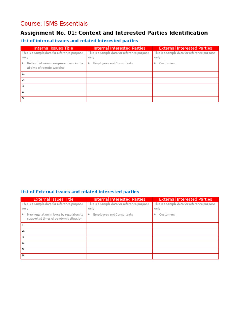 Course: ISMS Essentials: Assignment No. 01: Context and Interested Parties Identification | PDF