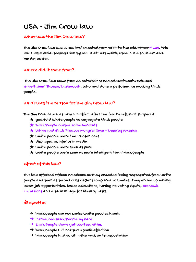 Revision For Jim Crow Laws | PDF