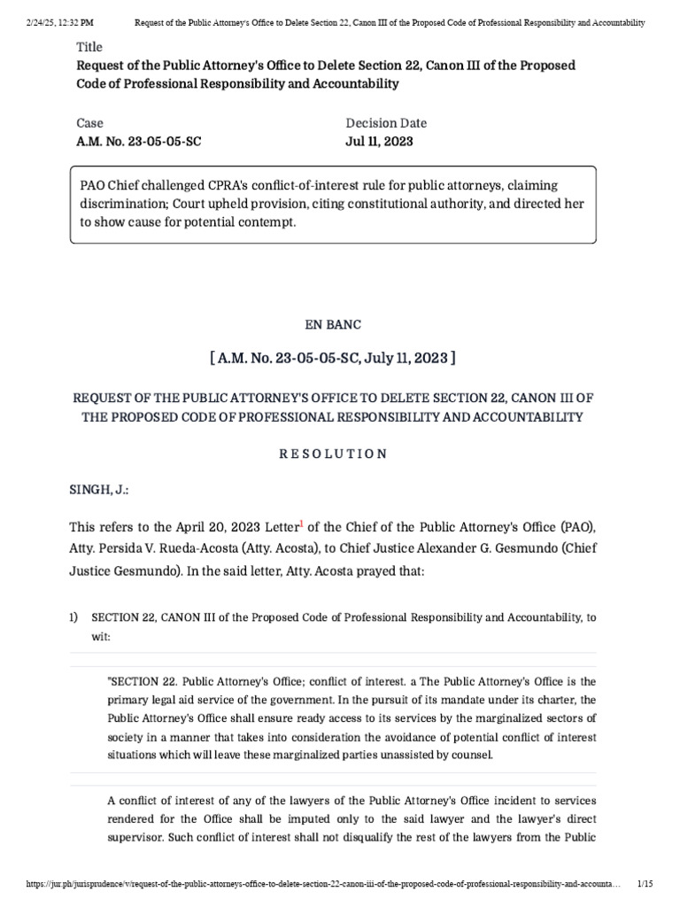 9.Request of the Public Attorney's Office to Delete Section 22, Canon ...