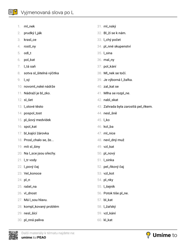 Pracovni Listy Vyjmenovana Slova Po L | PDF