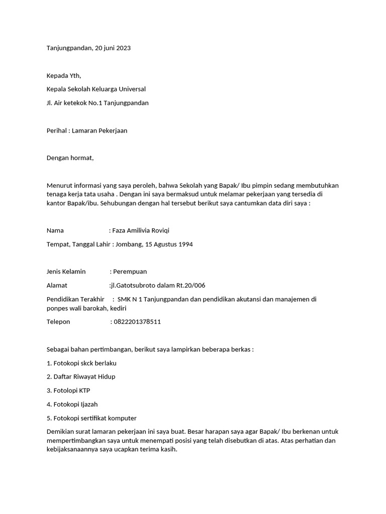 Surat Lamaran Admin | PDF