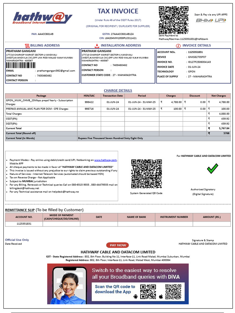 Hathway Internet Invoice June 2024 | PDF | Invoice | Banking Technology